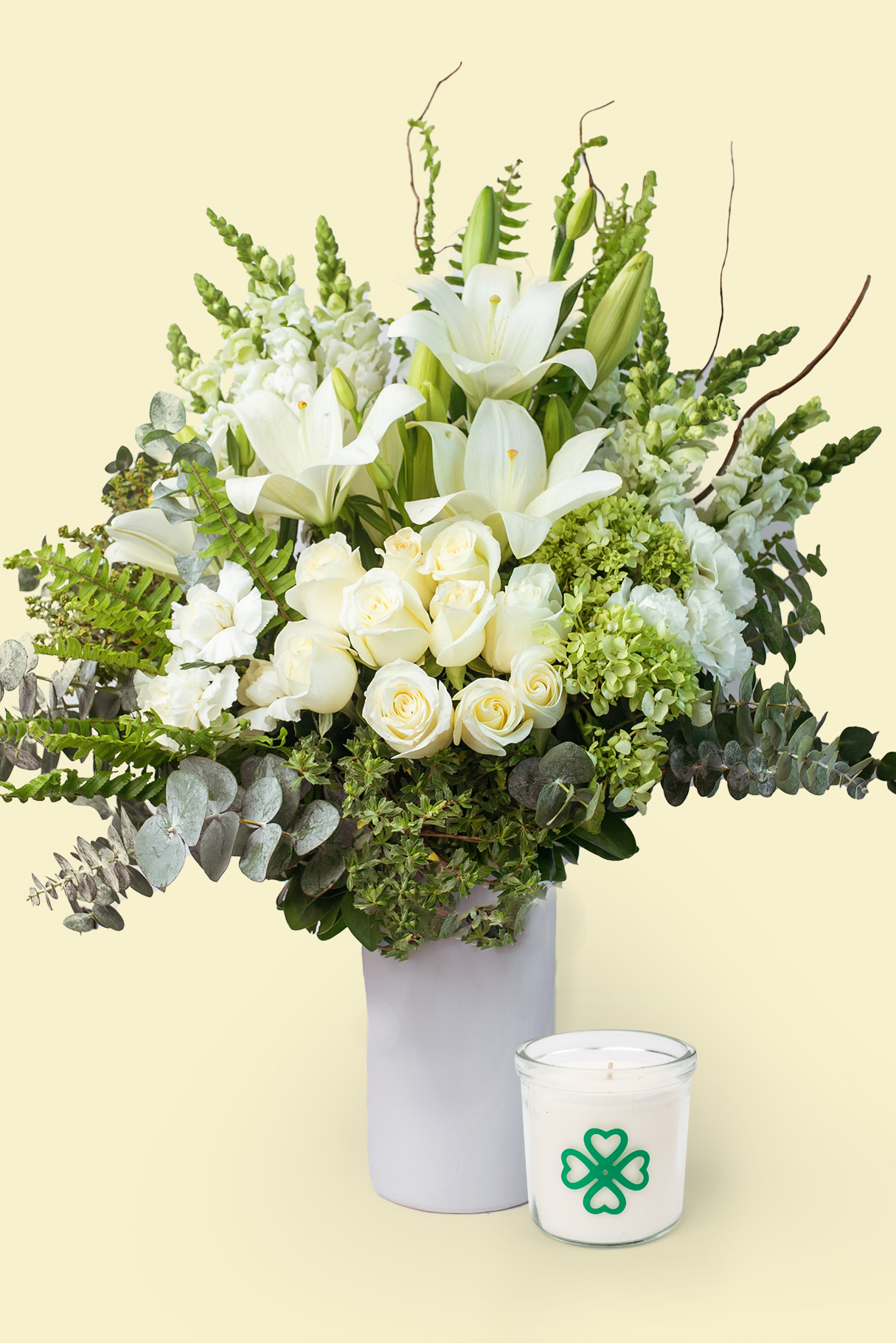 Vela Trébol + A tu memoria - Rosa Blanca y Lilium Blanco – Verbena